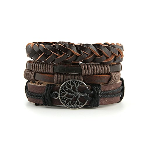 HZMAN Genuine Leather Tree of life Bracelets Men Women, Tiger Eye Natural Stone Lava Rock Beads Ethnic Tribal Elastic Bracelets Wristbands (2Pcs)