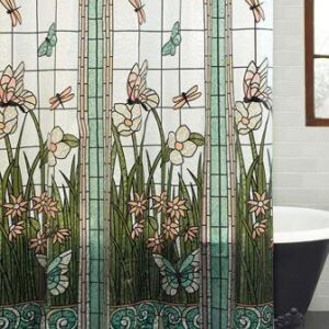 EZON-CH Waterproof Shower Curtain Stained Glass Meadow Flower Dragonfly Print Polyester Fabric Bath Curtain Home Hotel Apartment Bathroom Shower Curtain 72x72IN