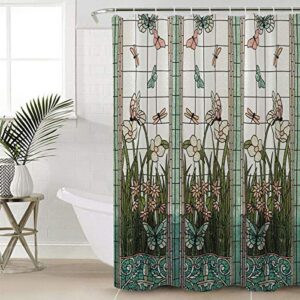 EZON-CH Waterproof Shower Curtain Stained Glass Meadow Flower Dragonfly Print Polyester Fabric Bath Curtain Home Hotel Apartment Bathroom Shower Curtain 72x72IN