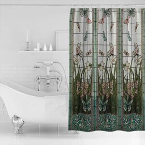 EZON-CH Waterproof Shower Curtain Stained Glass Meadow Flower Dragonfly Print Polyester Fabric Bath Curtain Home Hotel Apartment Bathroom Shower Curtain 72x72IN