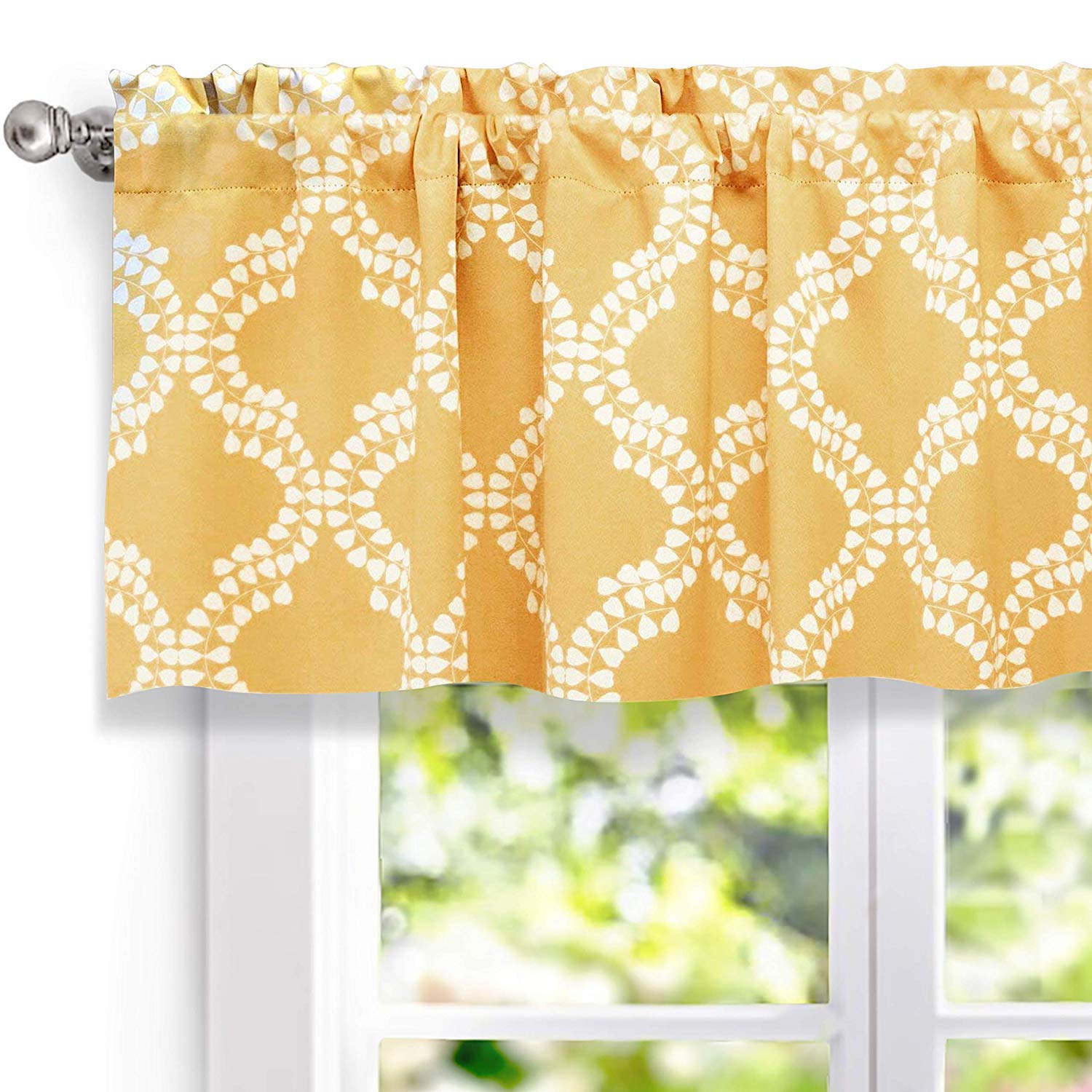 DriftAway Julianna Valance Geometric Leaf Pattern Thermal Blackout Window Curtain Valance Rod Pocket 52 Inch by 18 Inch Plus 2 Inch Header Golden Yellow