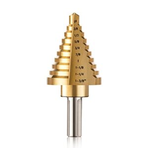 zelcan 10 sizes titanium step drill bit, 1/4 to 1-3/8 inches high speed steel drill cone bits for sheet metal hole drilling cutting, hss multi size hole stepped up unibit for diy lovers electrician