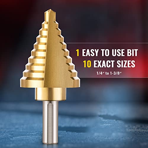 ZELCAN 10 Sizes Titanium Step Drill Bit, 1/4 to 1-3/8 Inches High Speed Steel Drill Cone Bits for Sheet Metal Hole Drilling Cutting, HSS Multi Size Hole Stepped Up Unibit for DIY Lovers Electrician