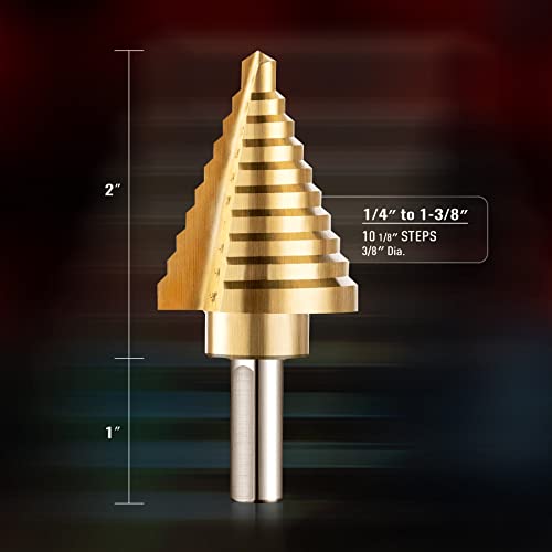 ZELCAN 10 Sizes Titanium Step Drill Bit, 1/4 to 1-3/8 Inches High Speed Steel Drill Cone Bits for Sheet Metal Hole Drilling Cutting, HSS Multi Size Hole Stepped Up Unibit for DIY Lovers Electrician