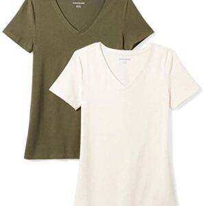 Amazon Essentials Women's Classic-Fit Short-Sleeve V-Neck T-Shirt, Pack of 2, Olive/Oatmeal Heather, Large