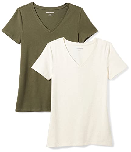 Amazon Essentials Women's Classic-Fit Short-Sleeve V-Neck T-Shirt, Pack of 2, Olive/Oatmeal Heather, Large