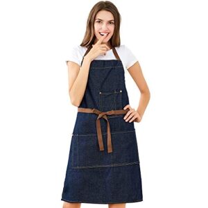 YukaBa Blue Adjustable Denim Jean Kitchen apron with 5 Pockets for Women Men Optimized upgrade(Denim) (Set of 1)