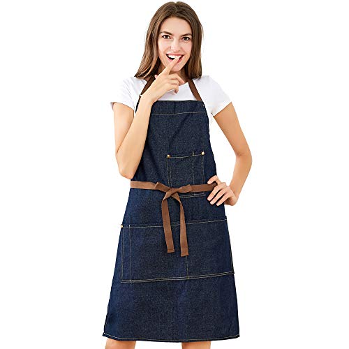 YukaBa Blue Adjustable Denim Jean Kitchen apron with 5 Pockets for Women Men Optimized upgrade(Denim) (Set of 1)