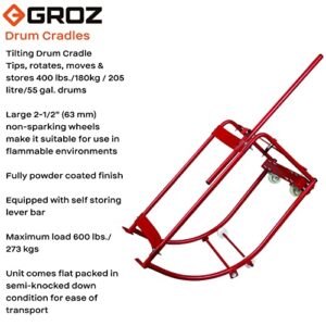 Groz Tilting 55-Gallon Movable Drum Cradle | 600-pound Capacity | Large 2-1/2” Diameter Non-Sparking Wheels | 55 Gallon Drum Stand (44367)