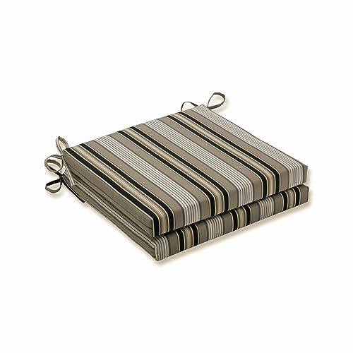 Pillow Perfect Stripe Outdoor Patio Seat Cushion with Ties, Plush Fiber Fill, Weather, and Fade Resistant, Square Corner - 20" x 20", Black/Grey Getaway Stripe, 2 Count