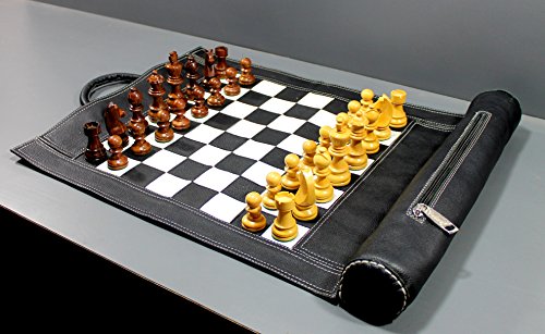 StonKraft - 19" x 15" (Playing Area 12" x 12") Genuine Roll-Up Leather Chess Set - with Wooden Chess Pieces - Black Colour | Comes with Innovative Carry Pouch