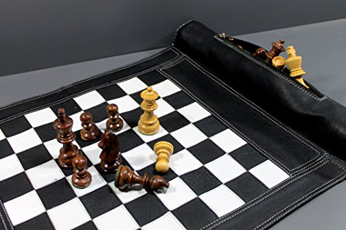 StonKraft - 19" x 15" (Playing Area 12" x 12") Genuine Roll-Up Leather Chess Set - with Wooden Chess Pieces - Black Colour | Comes with Innovative Carry Pouch