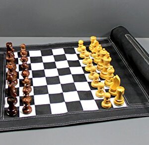 StonKraft - 19" x 15" (Playing Area 12" x 12") Genuine Roll-Up Leather Chess Set - with Wooden Chess Pieces - Black Colour | Comes with Innovative Carry Pouch