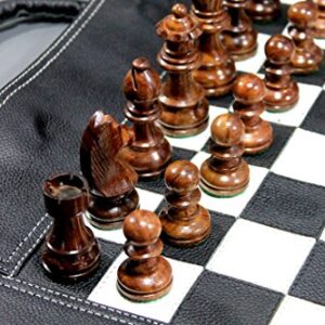 StonKraft - 19" x 15" (Playing Area 12" x 12") Genuine Roll-Up Leather Chess Set - with Wooden Chess Pieces - Black Colour | Comes with Innovative Carry Pouch