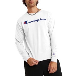 champion long sleeve, classic t-shirt for men (reg. or big & tall), white script, medium