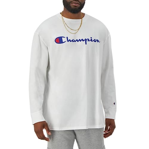 Champion Long Sleeve, Classic T-Shirt for Men (Reg. or Big & Tall), White Script, Medium