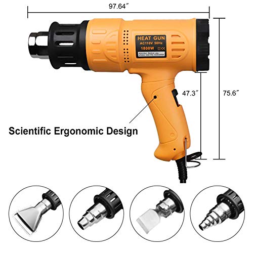 SEEKONE Heat Gun 1800W 122℉~1202℉（50℃- 650℃） Fast Heating Heavy Duty Hot Air Gun Kit Variable Temperature Control Overload Protection with 4 Nozzles for Crafts, Shrinking PVC, Stripping Paint(5.2FT)