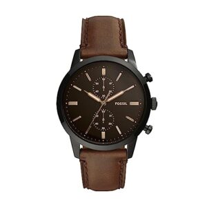 fossil men's townsman quartz stainless steel and leather chronograph watch, color: black, dark brown (model: fs5437)