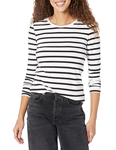 Amazon Essentials Women's Classic-Fit Long-Sleeve Crewneck T-Shirt (Available in Plus Size), Black/White Stripe, Small