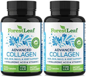 forestleaf - collagen pills with hyaluronic acid & vitamin c - reduce wrinkles, tighten skin, boost hair, skin, nails & joint health - hydrolyzed collagen peptides supplement - 120 capsules (2 pack)