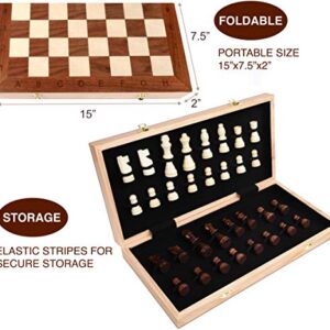 Wooden Chess Set for Kids and Adults - 15 Staunton Chess Set - Large Folding Chess Board Game Sets - Storage for Pieces | Wood Pawns - Unique E-Book for Beginner - 2 Extra Queens