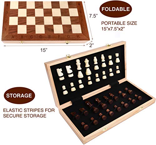 Wooden Chess Set for Kids and Adults - 15 Staunton Chess Set - Large Folding Chess Board Game Sets - Storage for Pieces | Wood Pawns - Unique E-Book for Beginner - 2 Extra Queens