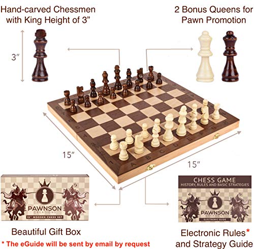 Wooden Chess Set for Kids and Adults - 15 Staunton Chess Set - Large Folding Chess Board Game Sets - Storage for Pieces | Wood Pawns - Unique E-Book for Beginner - 2 Extra Queens