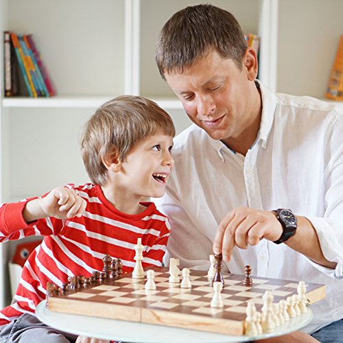 Wooden Chess Set for Kids and Adults - 15 Staunton Chess Set - Large Folding Chess Board Game Sets - Storage for Pieces | Wood Pawns - Unique E-Book for Beginner - 2 Extra Queens