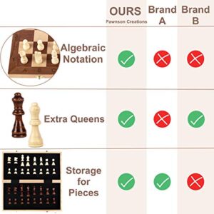 Wooden Chess Set for Kids and Adults - 15 Staunton Chess Set - Large Folding Chess Board Game Sets - Storage for Pieces | Wood Pawns - Unique E-Book for Beginner - 2 Extra Queens