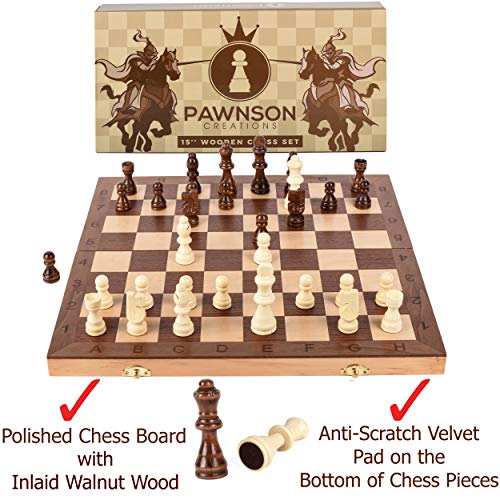 Wooden Chess Set for Kids and Adults - 15 Staunton Chess Set - Large Folding Chess Board Game Sets - Storage for Pieces | Wood Pawns - Unique E-Book for Beginner - 2 Extra Queens