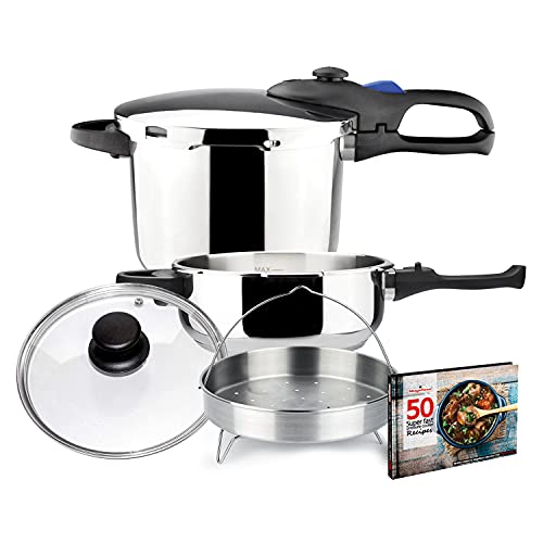 Magefesa® Favorit Six Super-Fast pressure cooker, 3.2 + 6.3 Quart, stainless steel, suitable induction, heat diffuser bottom, 5 safety systems SPECIAL EDITION (Steam basquet + Lid + Recipe book)