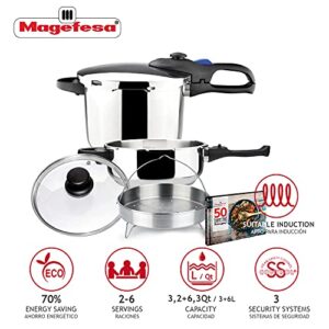 Magefesa® Favorit Six Super-Fast pressure cooker, 3.2 + 6.3 Quart, stainless steel, suitable induction, heat diffuser bottom, 5 safety systems SPECIAL EDITION (Steam basquet + Lid + Recipe book)