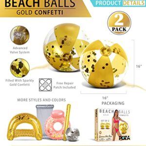 POZA Inflatable Large Beach Ball – Pool Accessory Glitter Confetti 16 Inch Premium Beach Theme Water Sand Toy Favors for Beach Party Decorations Pool Party Supplies Beach Balls – Set of 2 (Gold)