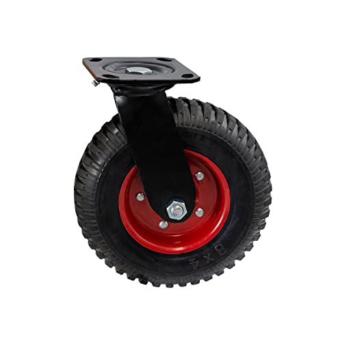 Houseables Swivel Heavy Duty Caster Wheel, Industrial Casters, 8 Inch, 1 Wheel, Red Rim, Rubber, Cast Iron, Large, Tires, Outdoor, Flat Free for Carts, Dolly, Workbench, Trolley, Black