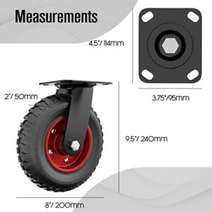 Houseables Swivel Heavy Duty Caster Wheel, Industrial Casters, 8 Inch, 1 Wheel, Red Rim, Rubber, Cast Iron, Large, Tires, Outdoor, Flat Free for Carts, Dolly, Workbench, Trolley, Black