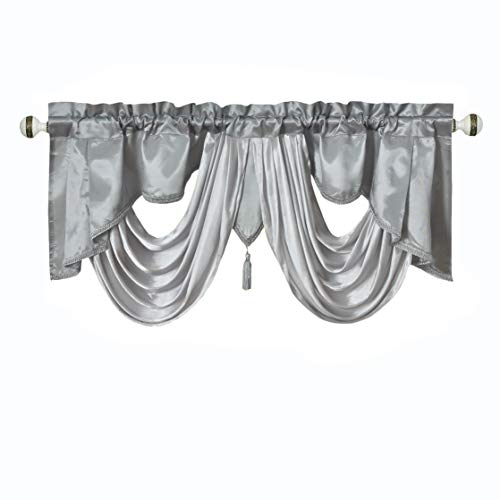 GOHD Valarie Fancy Window Valance. 54 x 18. Taffeta Fabric with Soft Satin Swag. Add Some Royal luxruy Accent to Your Home. (Grey)