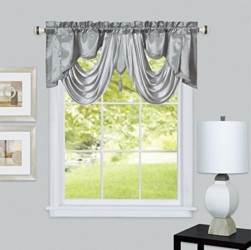 GOHD Valarie Fancy Window Valance. 54 x 18. Taffeta Fabric with Soft Satin Swag. Add Some Royal luxruy Accent to Your Home. (Grey)