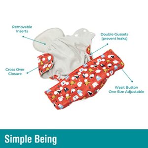 Simple Being Reusable Cloth Diapers- Double Gusset, One Size Adjustable, Washable Soft Absorbent, Waterproof Cover, Eco-Friendly Unisex Baby Girl Boy, six 4-Layers Microfiber Inserts (Whimsical)