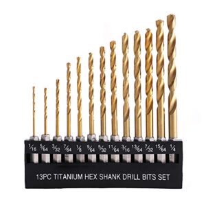 comoware titanium twist drill bit set - 13 pcs hex shank high speed steel for wood plastic aluminum alloy, quick change, 1/16"-1/4"