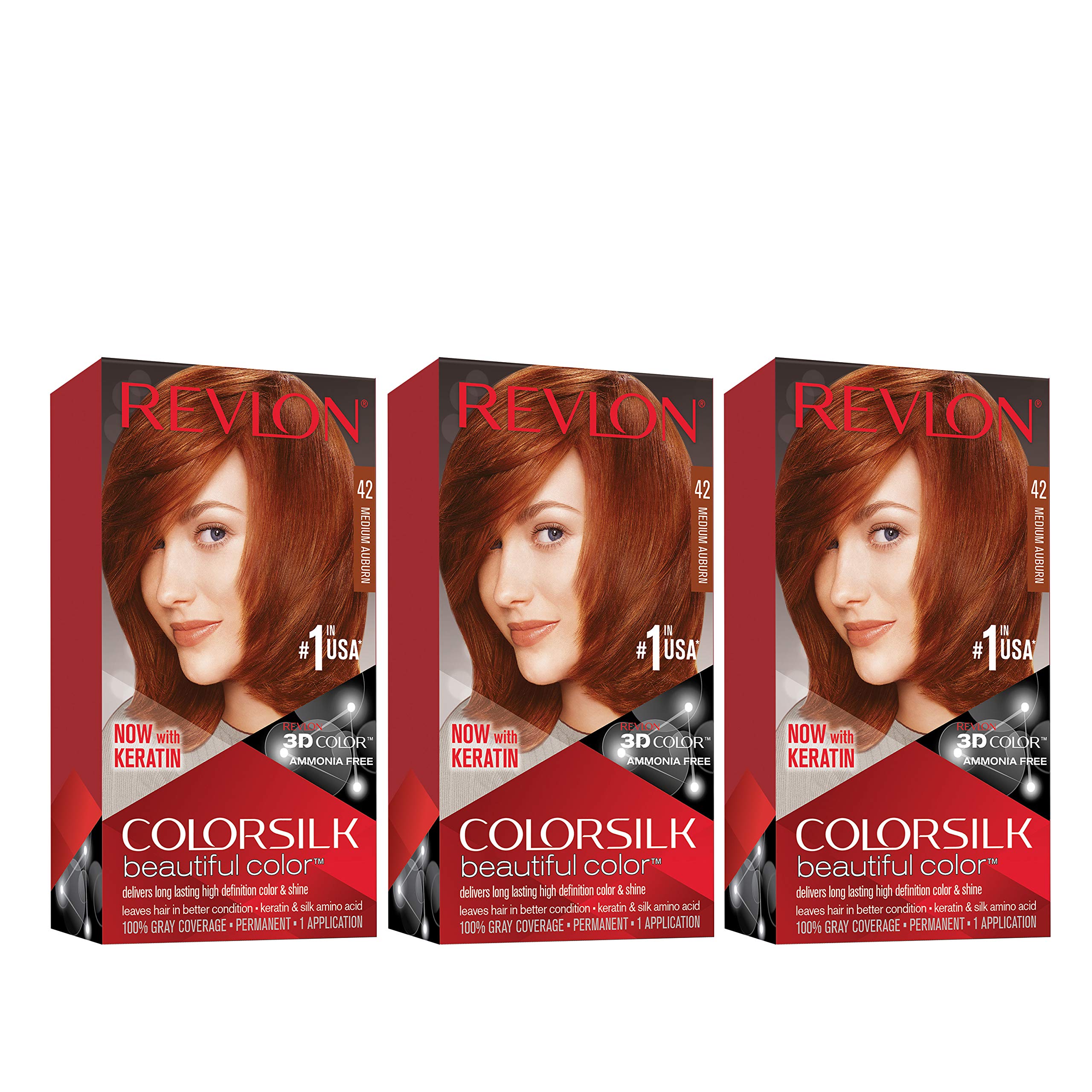 Revlon Permanent Hair Color, Permanent Hair Dye, Colorsilk with 100% Gray Coverage, Ammonia-Free, Keratin and Amino Acids, 42 Medium Auburn, 4.4 Oz (Pack of 3)