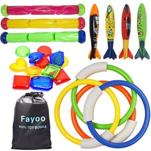 fayoo 23 pack underwater swimming/diving pool toys diving rings(4 pcs), toypedo bandits(4 pcs), diving sticks(3 pcs) with under water treasures (12 pcs) gift set bundle