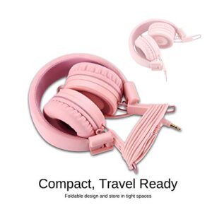 Kids Headphones-noot products K11 Foldable Stereo Tangle-Free 5ft Long Cord 3.5mm Jack Plug in Wired On-Ear Headset for iPad/Amazon Kindle,Fire/Girls/Boys/School/Laptop/Travel/Plane/Tablet-Soft Pink