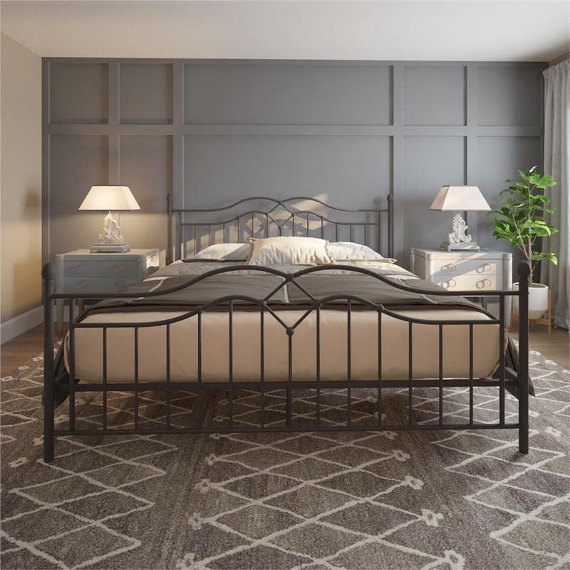 DHP Tokyo Metal Platform Bed with Classic Finial Post Headboard and Footboard, Underbed Storage Space, No Box Spring Needed, King, Bronze