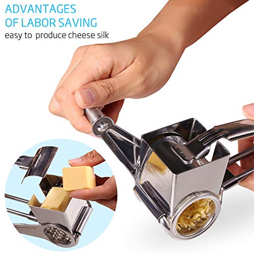 Rotary Cheese Grater - LOVKITCHEN Vegetable Stainless Steel Cheese Grater Shredder Cutter Grinder with 3 Drum Blades (Silver)