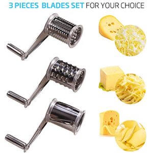 Rotary Cheese Grater - LOVKITCHEN Vegetable Stainless Steel Cheese Grater Shredder Cutter Grinder with 3 Drum Blades (Silver)