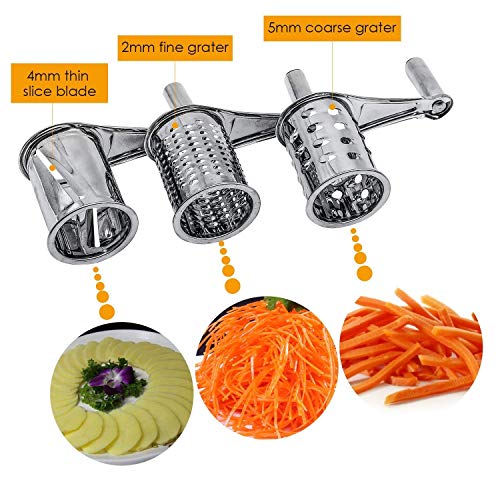 Rotary Cheese Grater - LOVKITCHEN Vegetable Stainless Steel Cheese Grater Shredder Cutter Grinder with 3 Drum Blades (Silver)