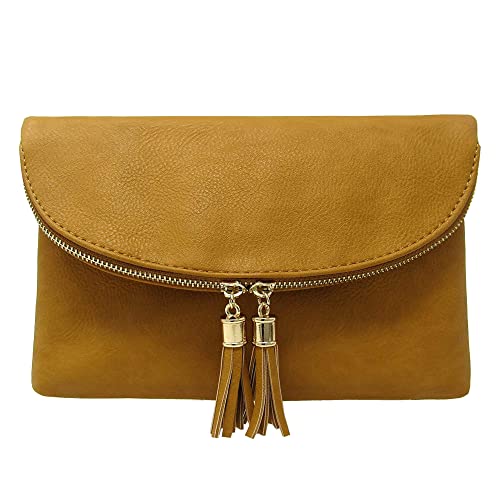 Solene Women's Envelop Clutch Crossbody Bag With Tassels Accent (WU075-Mustard)