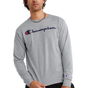 Champion Long Sleeve, Classic T-Shirt for Men (Reg. or Big & Tall), Oxford Gray Script, Large