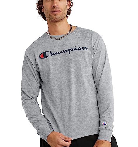 Champion Long Sleeve, Classic T-Shirt for Men (Reg. or Big & Tall), Oxford Gray Script, Large