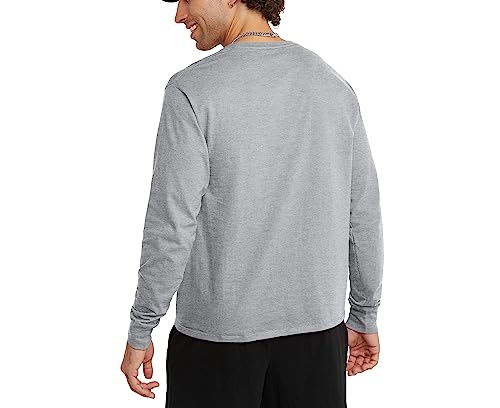 Champion Long Sleeve, Classic T-Shirt for Men (Reg. or Big & Tall), Oxford Gray Script, Large